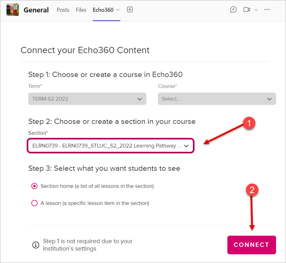 Link Echo360 section to course Teams site (Original) - eLearning - University of Queensland